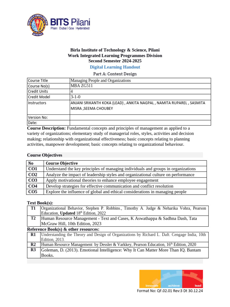 Mba ZG511 Course Handout | PDF | Leadership | Organizational Behavior