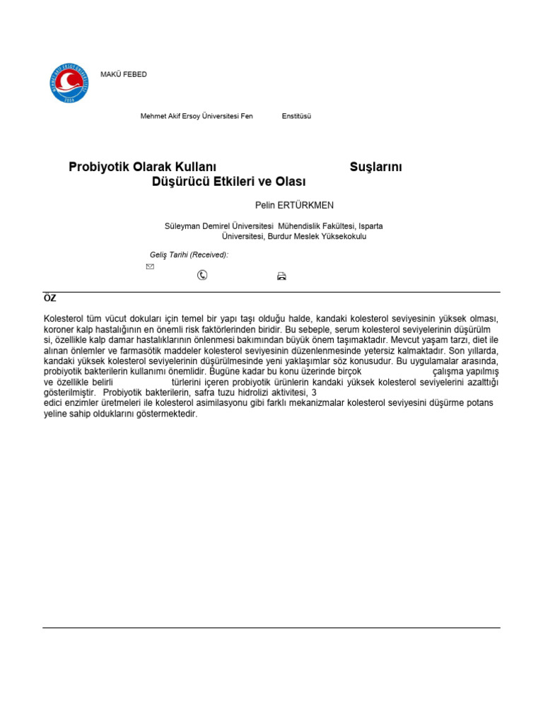 Probiyotik Olarak Kullan Lan Lactobacillus Spp. Su Lar n n Kolesterol D r c Etkileri Ve Olas ...