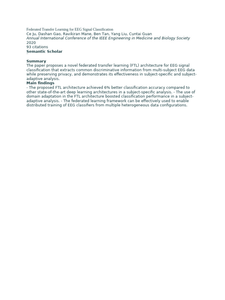 Federated Transfer Learning For EEG Signal Classification | PDF