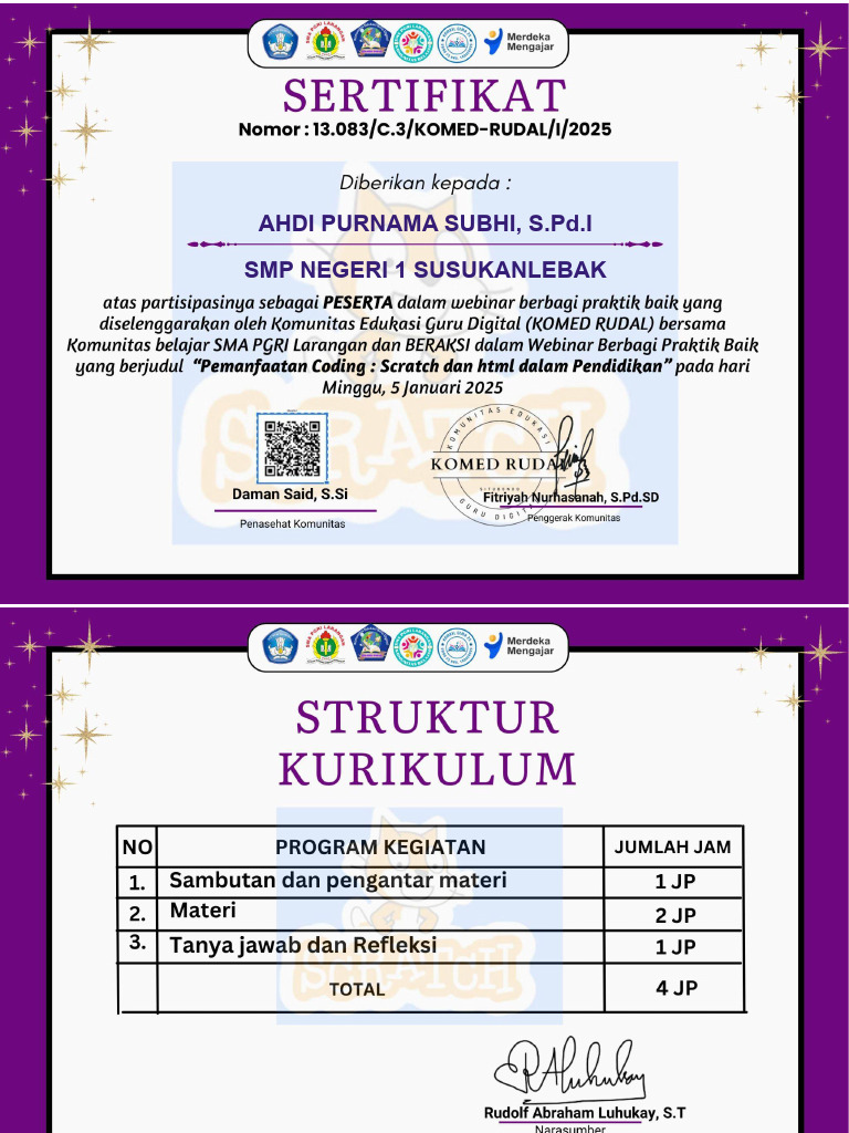 Sertifikat AHDI PURNAMA SUBHI, S.Pd.I Webinar Pemanfaatan Coding Scratch 5 Januari 2025 | PDF