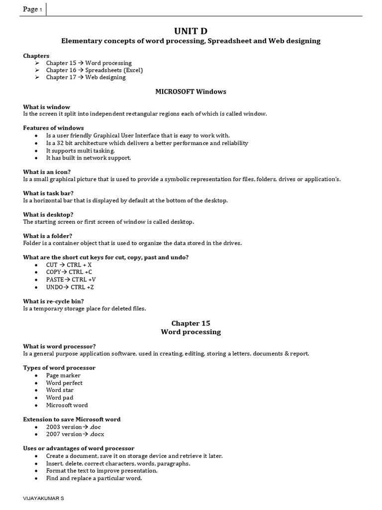 UNIT D, Chapter 15, 16, 17 Elementary Concepts of Word Process, ESS ...