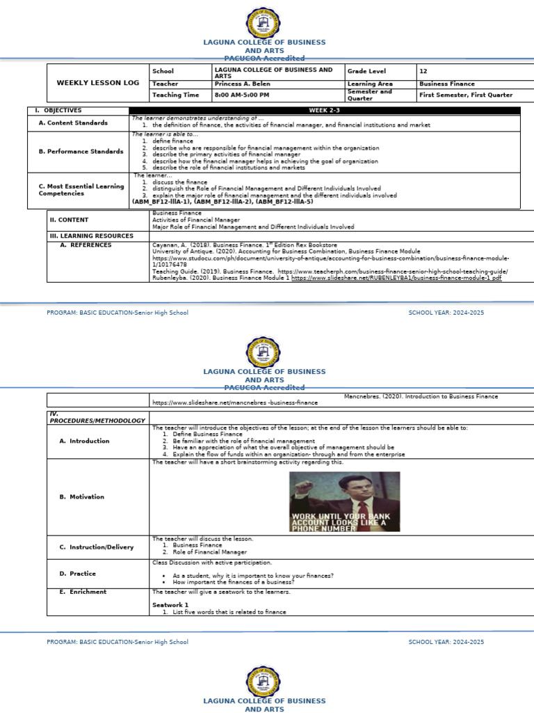 Business Finance Lesson Plan for Grade 12 | PDF | Learning | Business