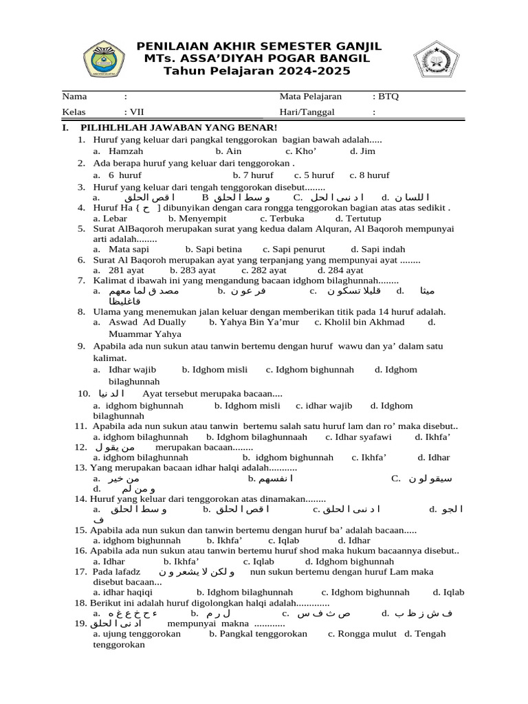 SOAL BTQ & BIN MTS TAHUN 2024 | PDF