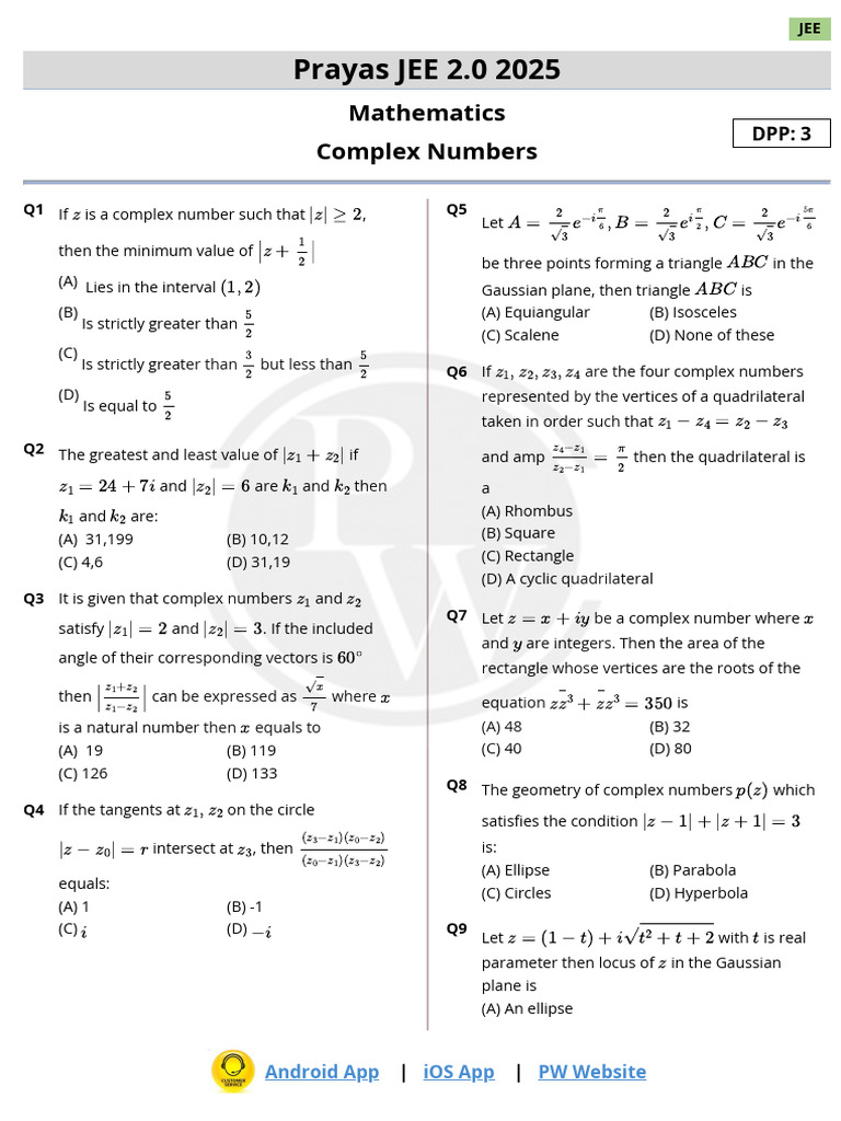 Complex Numbers DPP 03 (Extra DPP) Prayas JEE 2.0 2025 | PDF | Triangle | Rectangle