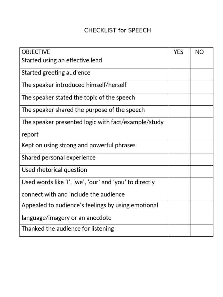 CHECKLIST For SPEECH | PDF