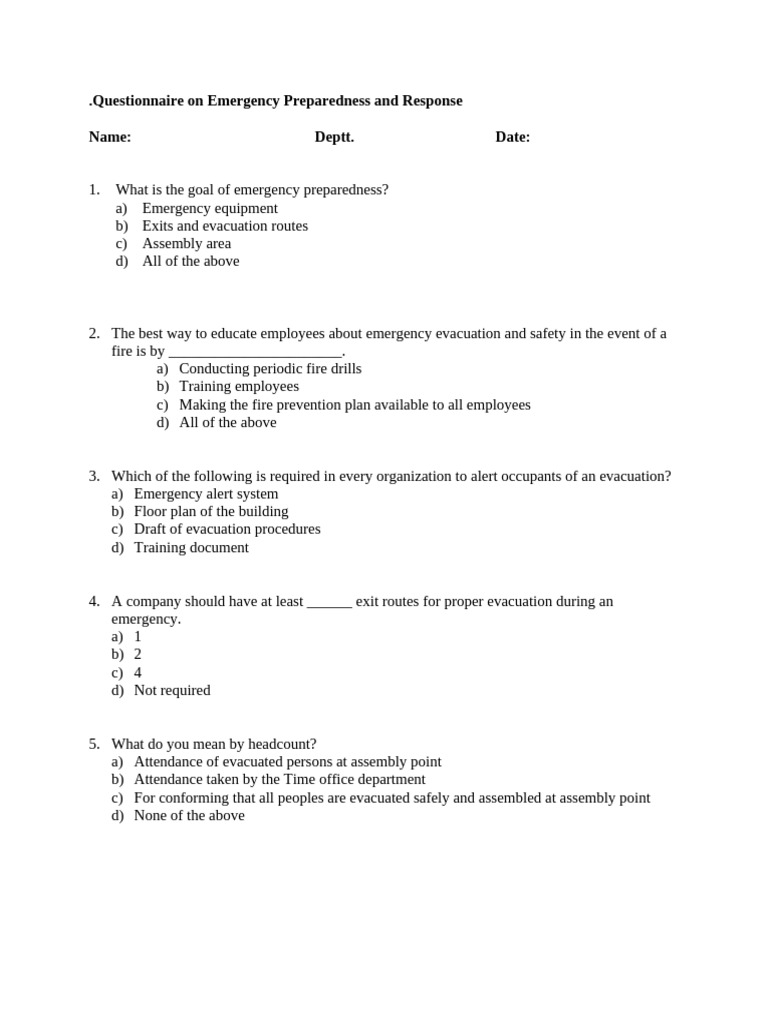 Questionnaire On Emergency Preparedness | PDF | Emergency Evacuation ...