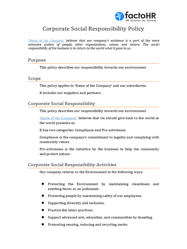 Corporate Social Responsibility Policy | PDF