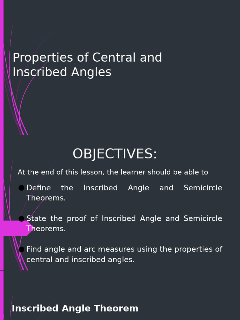 Central and Inscribed Angles Explained | PDF | Circle | Angle