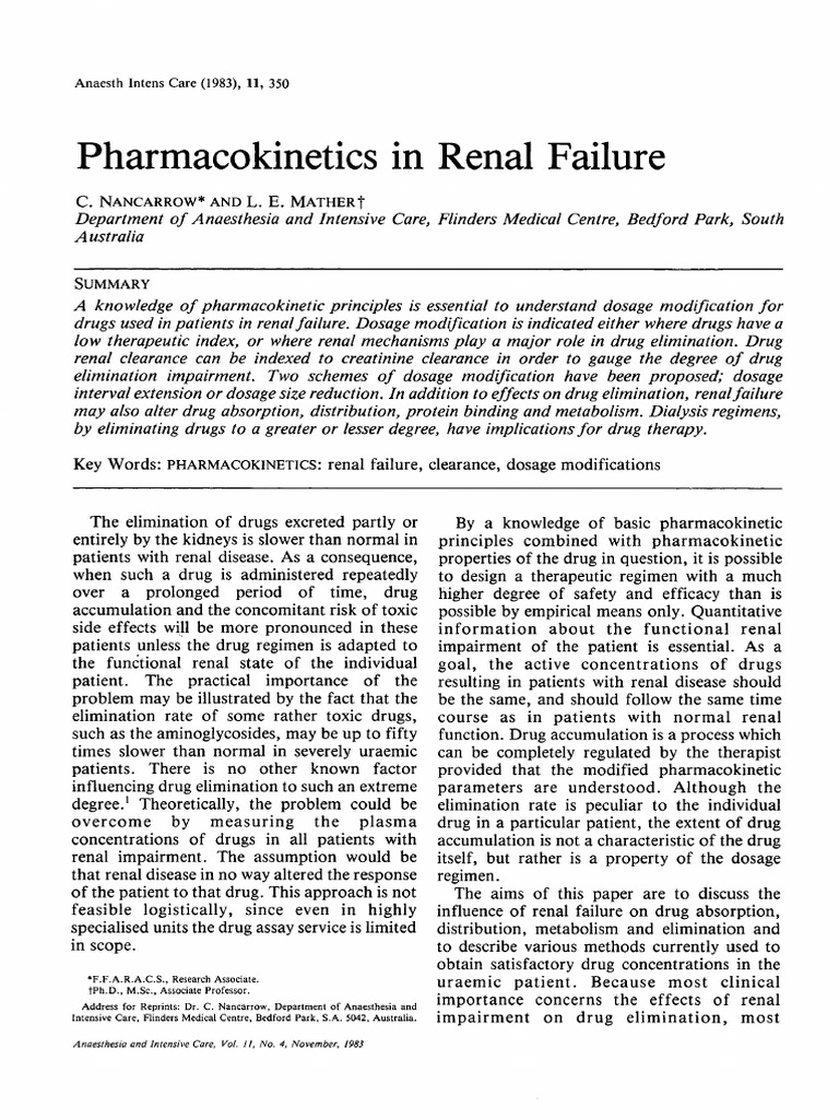 Nancarrow Mather 1983 Pharmacokinetics in Renal Failure | PDF ...