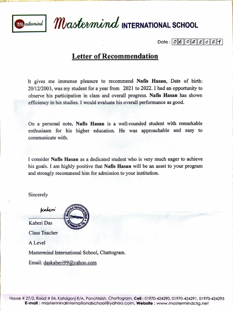 Recommendation for Nafis Hasan | PDF