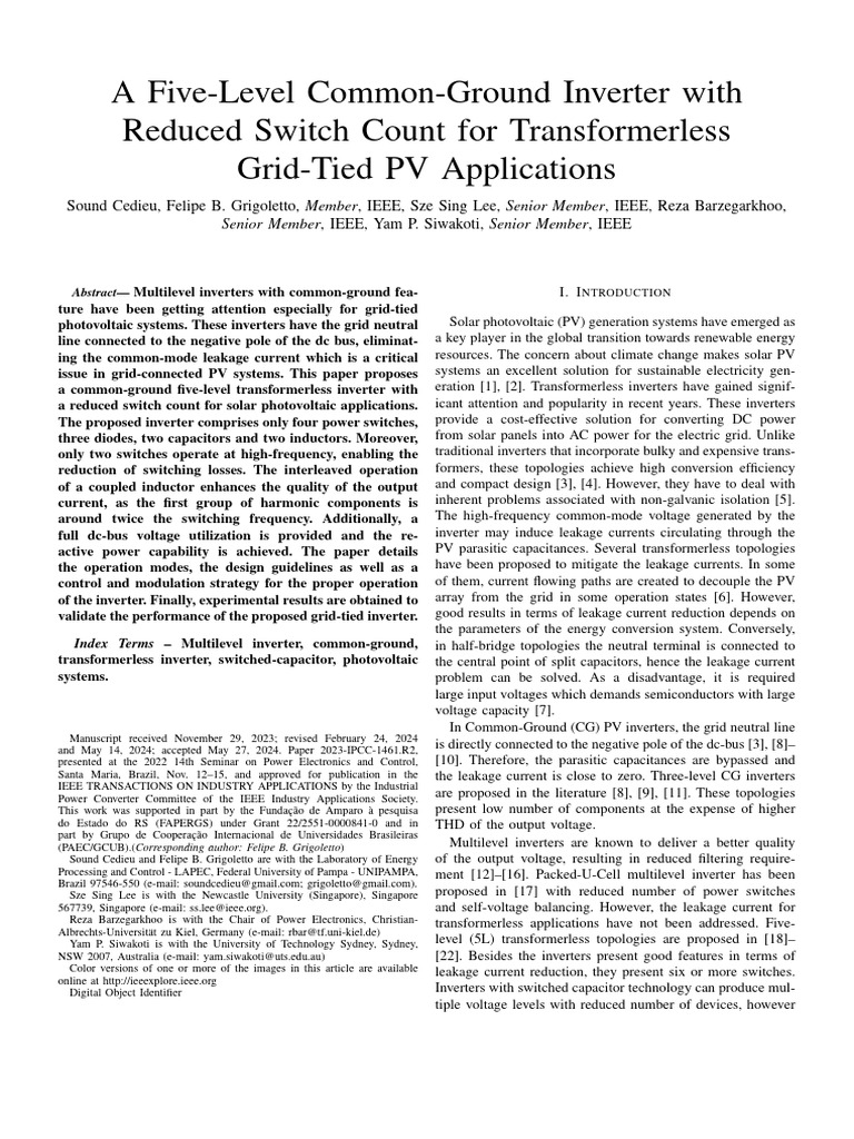 A Five Level Common Ground Inverter With Reduced Switch Count For Transformerless Grid Tied Pv