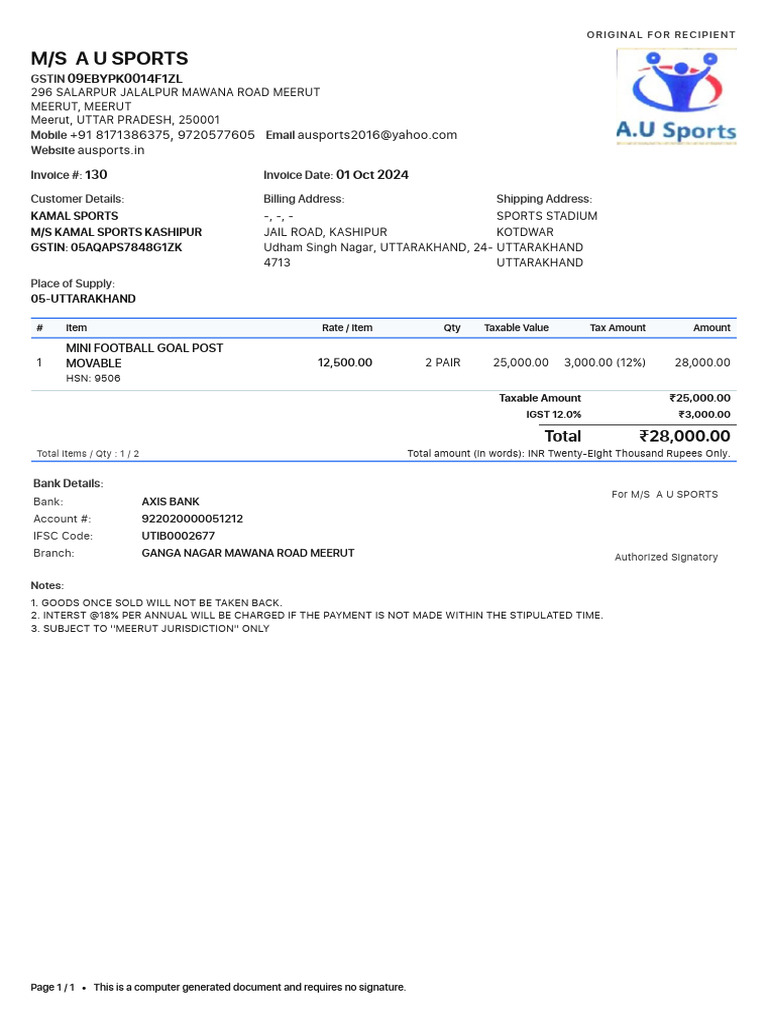 Invoice 130 KAMALSPORTS | PDF | Public Finance | Economies
