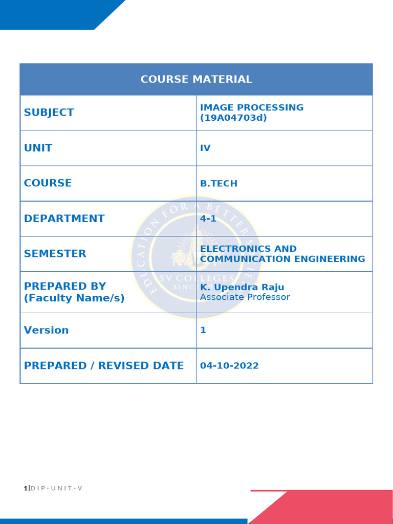 IP UNIT-4 Course Material R19 | PDF | Data Compression | Wavelet