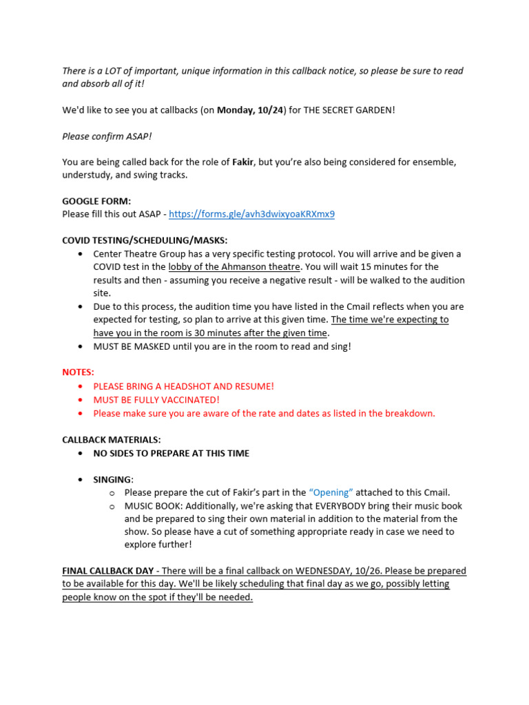 The Secret Garden Callback Details - Fakir | PDF | Audition | Pandemic