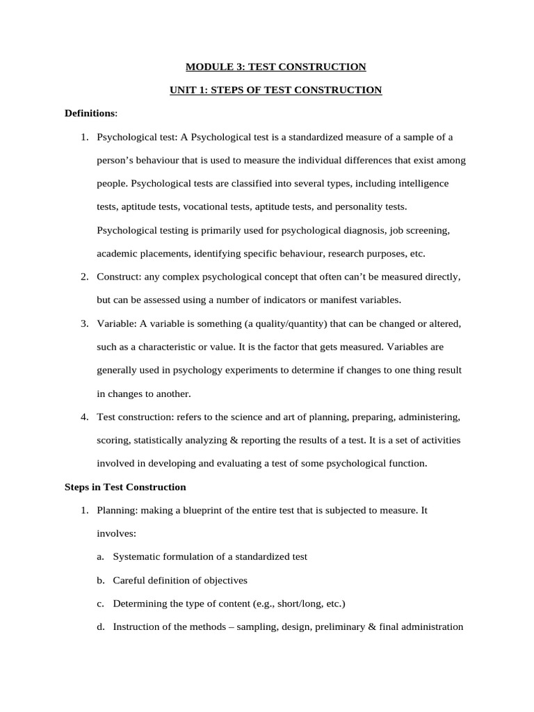 MODULE 3 - Unit 1 - Steps in Test Construction | PDF | Psychological ...