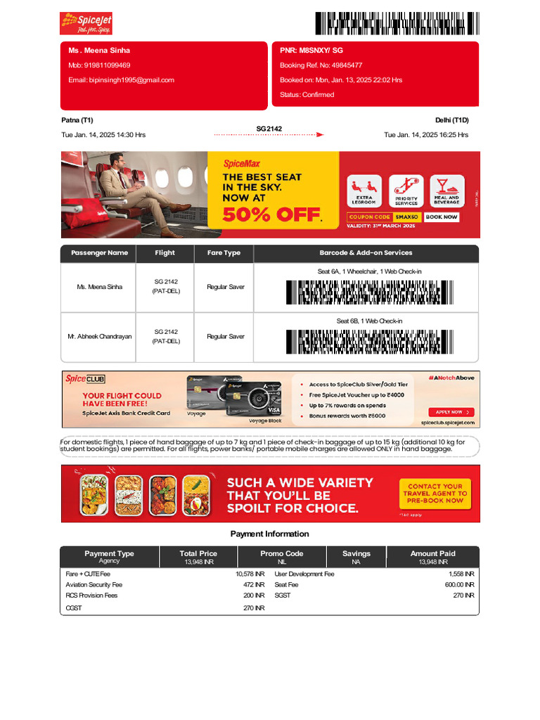SpiceJet_E-Ticket_PNR_M8SNXY 14 Jan 2025 Patna-Delhi for MR. TRAVEL ...