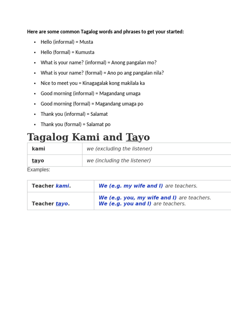 Here Are Some Common Tagalog Words and Phrases To Get Your Started | PDF