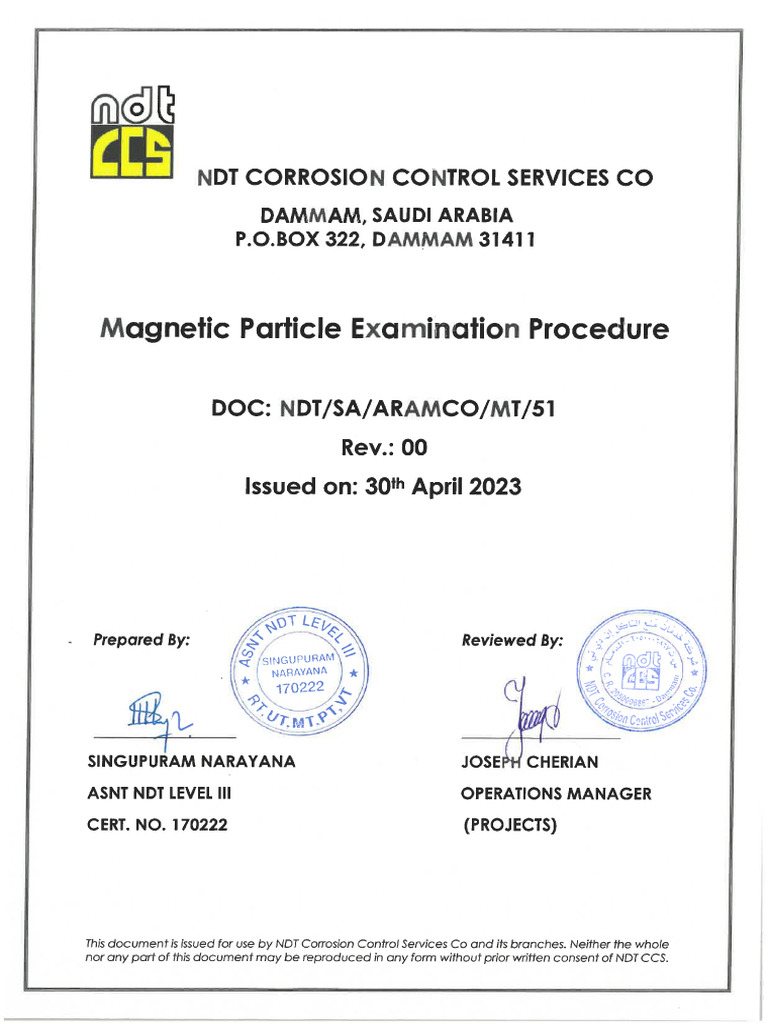 NDT-SA-ARAMCO-MT-51 Rev 00-Date - 30-04-2023 | PDF | Nondestructive ...