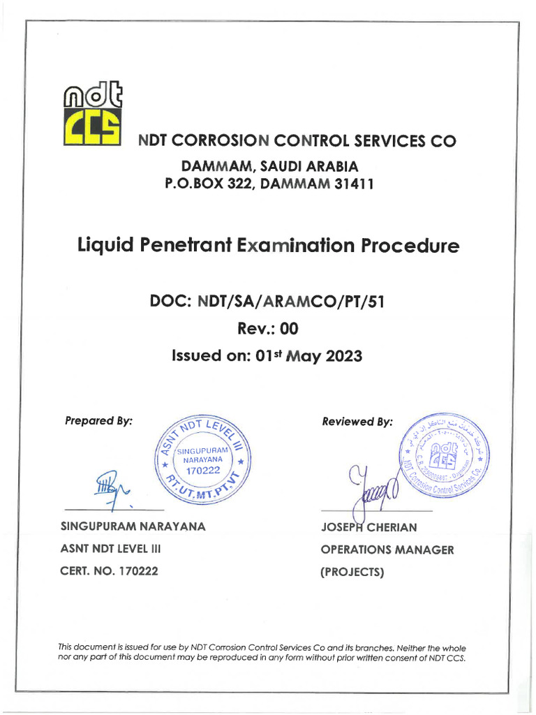 Aramco Liquid Penetrant Exam Procedure | PDF | Nondestructive Testing ...