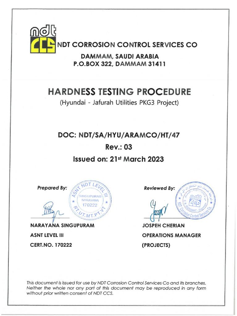 NDT-SA-HYU-ARAMCO-HT-47 Rev 03 Date 21-03-2023 | PDF | Hardness | Welding