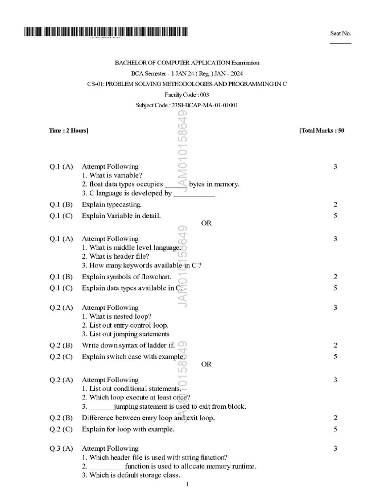 CS-01 PROBLEM SOLVING METHODOLOGIES AND PROGRAMMING IN C | PDF