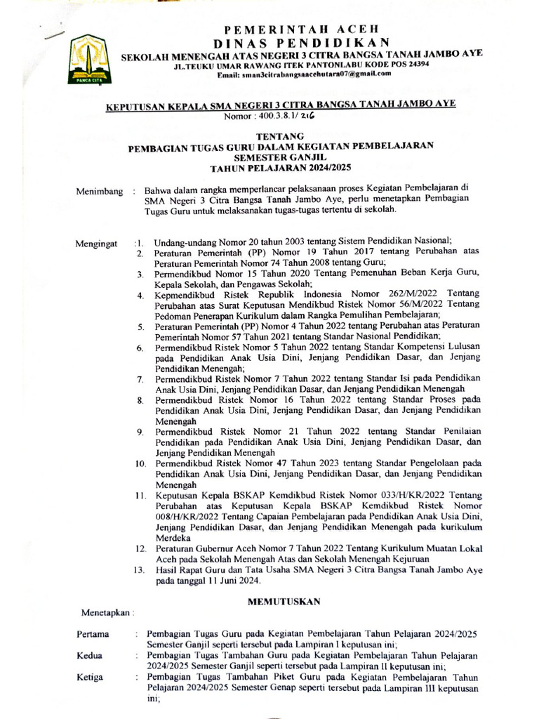 SK Pembagian Tugas Ganjil 2024 - 2025 | PDF