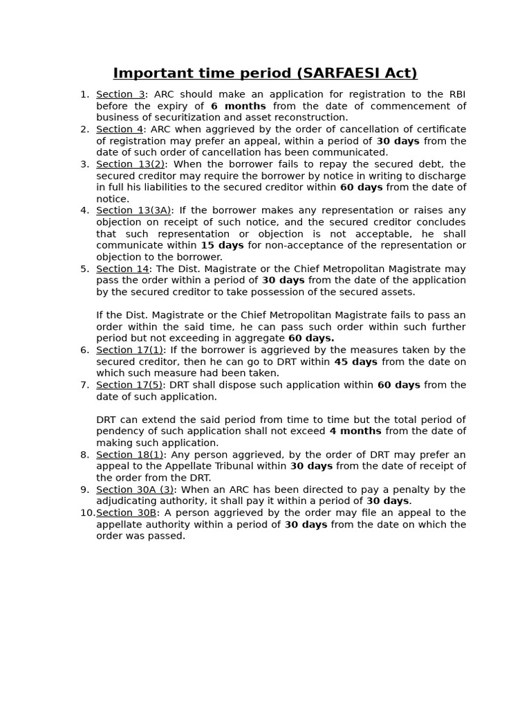 Key Timelines in SARFAESI Act | PDF | Security Interest | Securitization