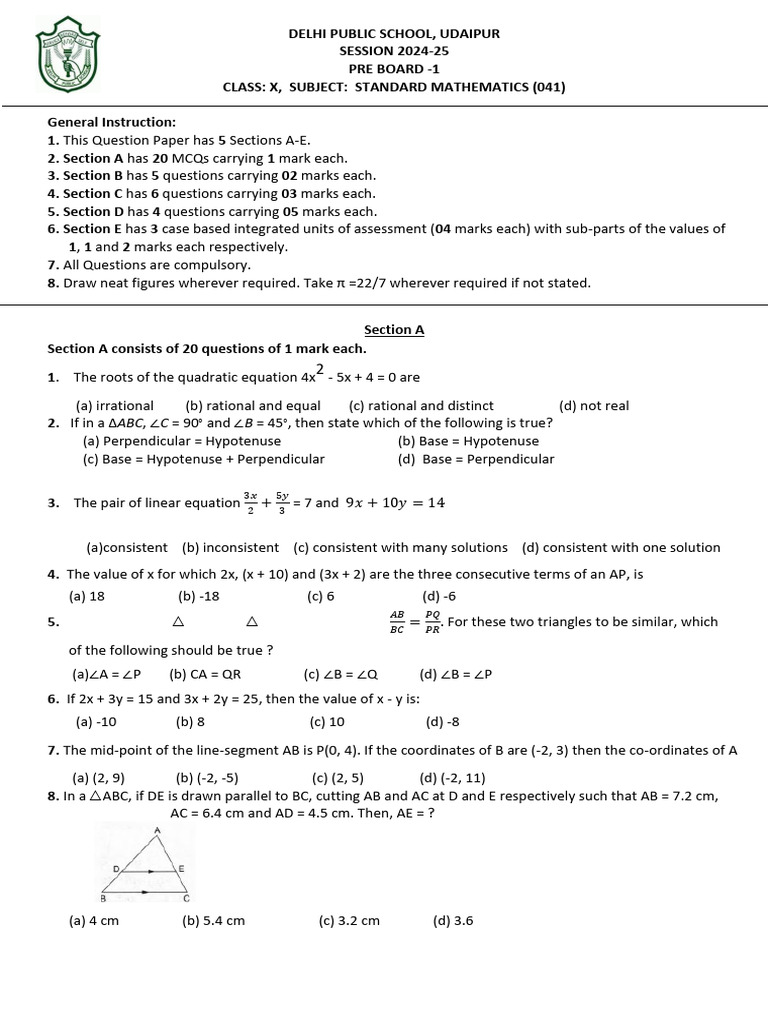 PB1 (2024-25) Standard Mathematics | PDF | Triangle | Circle