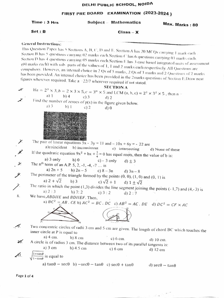 Dps Noida Maths Pre Board 1 | PDF | Circle | Classical Geometry