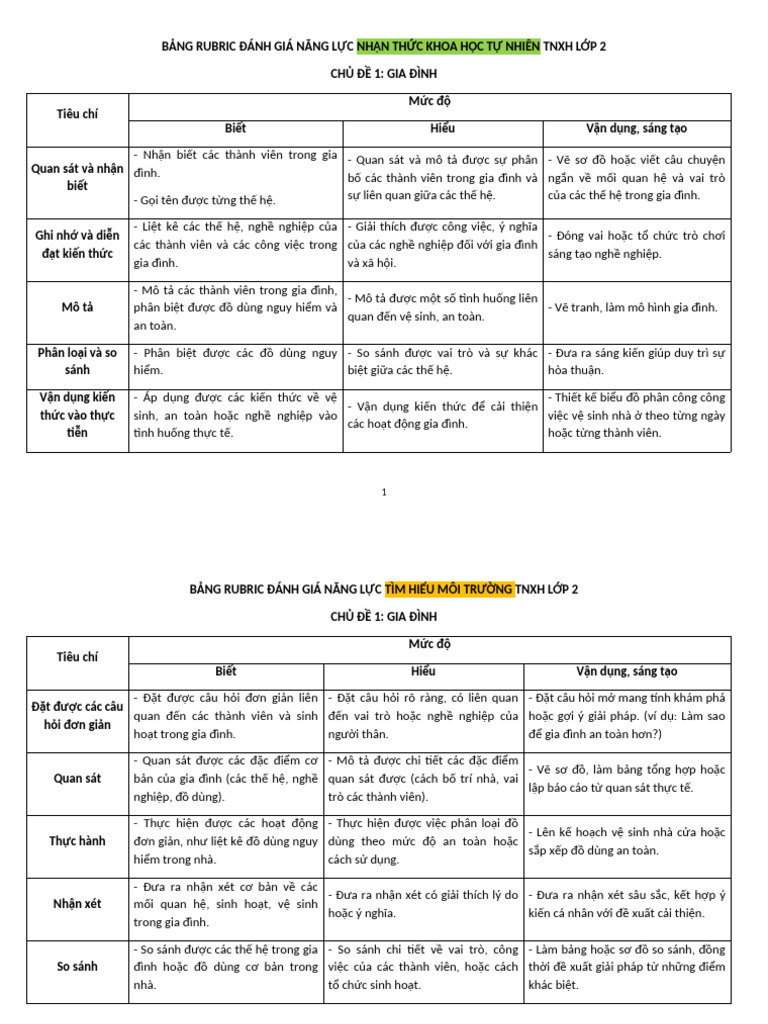 BẢNG RUBRIC TNXH LỚP 2 | PDF