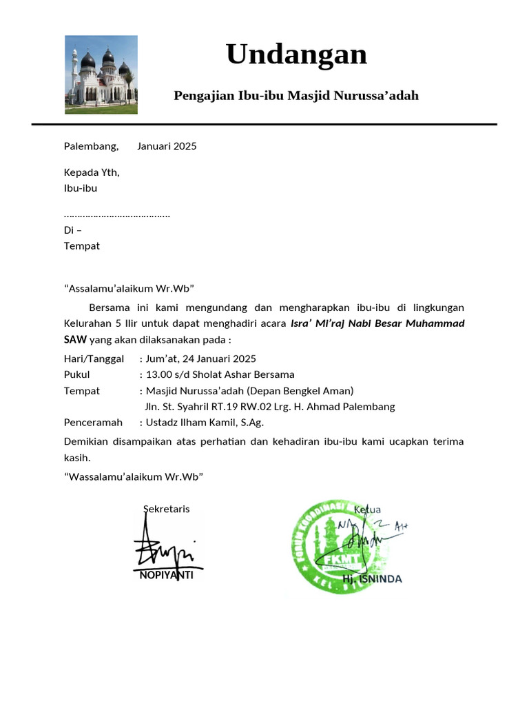 Undangan ISRA' MI'RAJMASJID NURUSSADAH | PDF