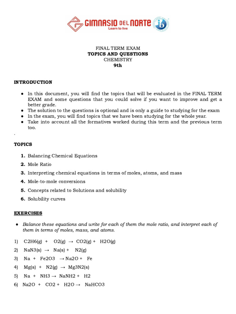 Chemistry+Topics (FINAL TermExam) 9th | PDF | Mole (Unit) | Physical ...