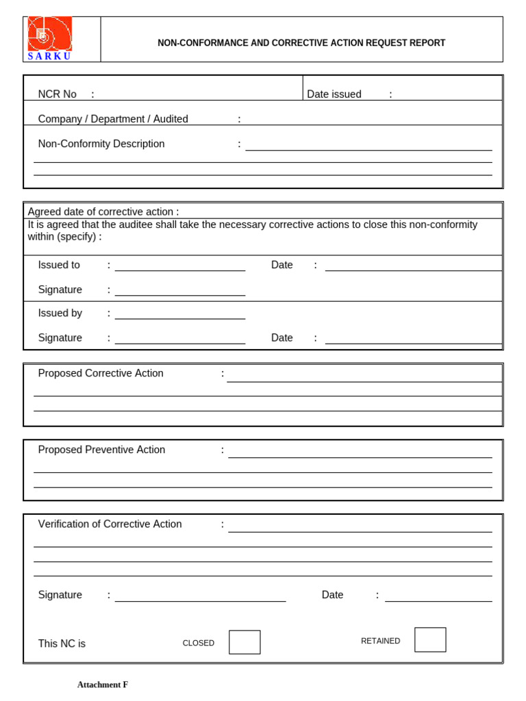 Attachment F - Non-Conformance and Corrective Action Request | PDF