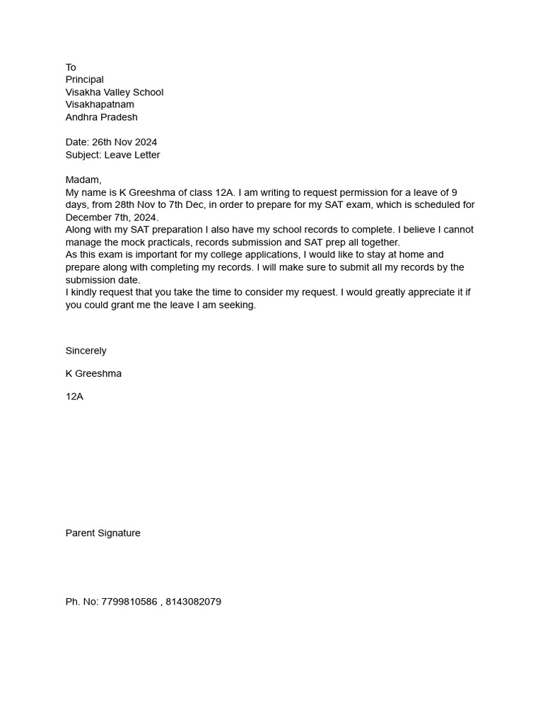 Leave Request for SAT Preparation | PDF