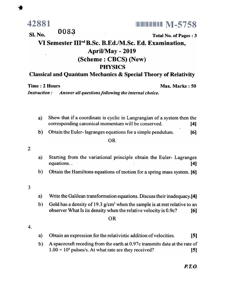 VI Sem IIIrd - PHY.Classical & Quantum Mechanics & Special Theory of Relativity - New CBCS - BSC ...