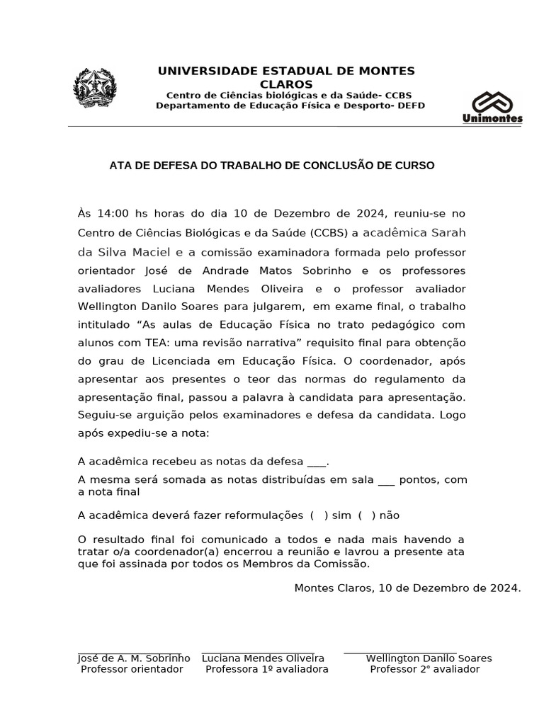 ATA DE DEFESA DO TCC - Sarah | PDF