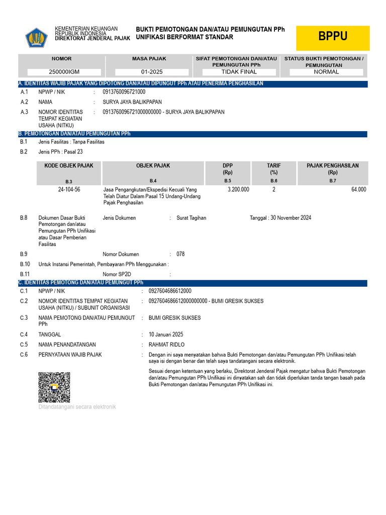 M 01-DOC001 SPT Unifikasi BPU 250000IGM | PDF