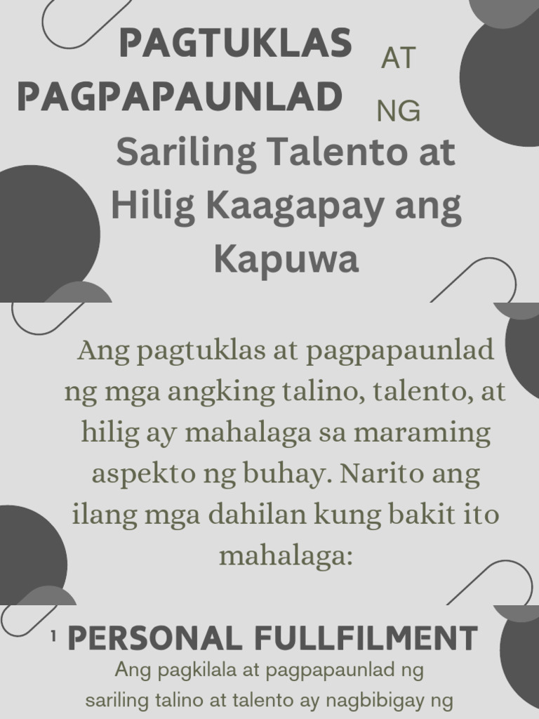 ESP (Pagtuklas at Pagpapaunlad NG Sariling Talento at Hilig Kaagapay Ang Kapuwa) | PDF