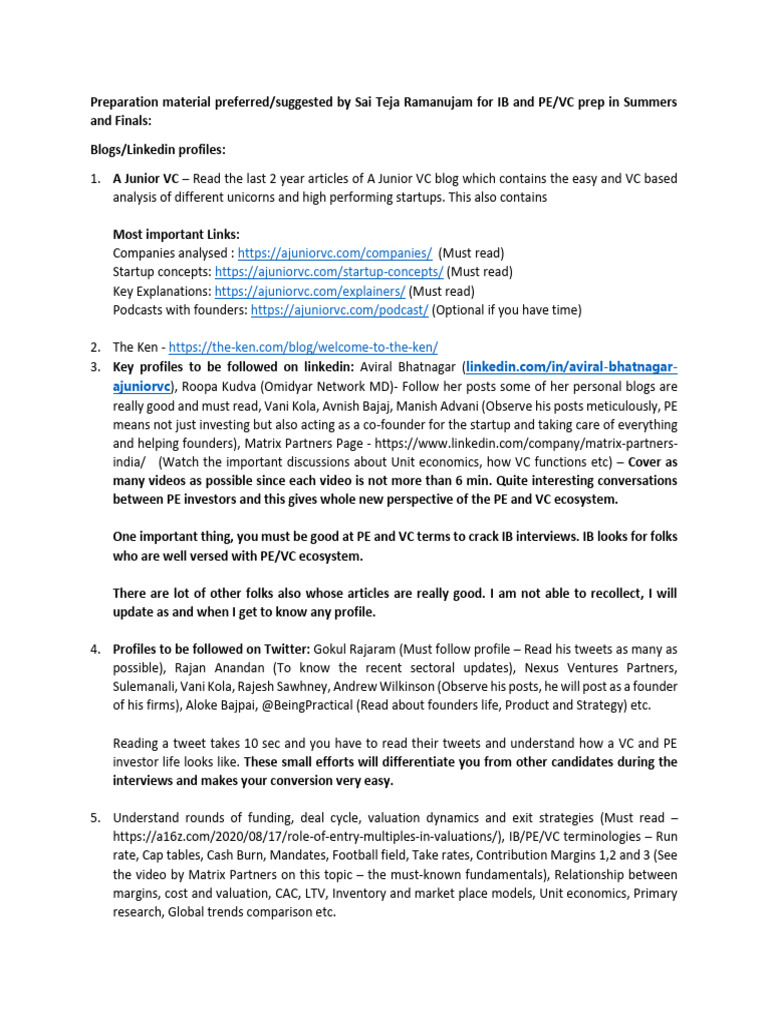 Non_Bookish_and_Practical_IB_PE_and_VC_Prep_Content_Sai_Teja_R | PDF | Venture Capital ...