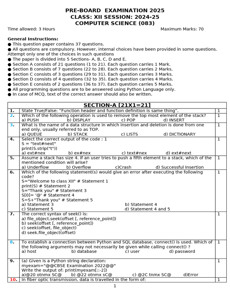 Class XII Computer Science Pre-Board Exam 2025 | PDF | Parameter (Computer Programming ...