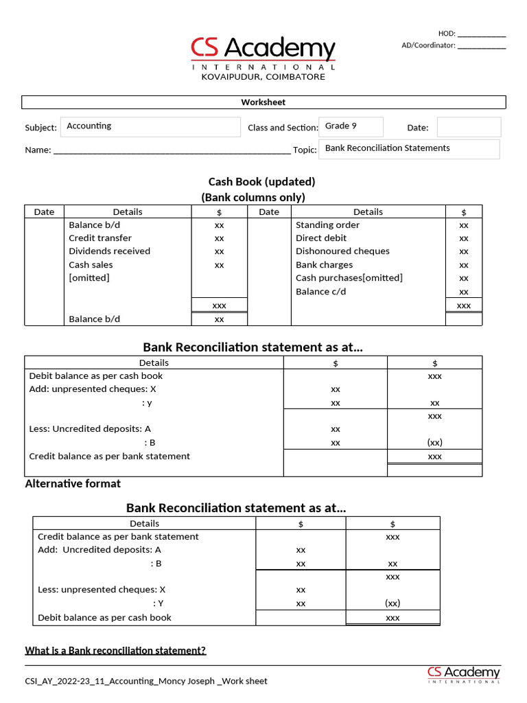 Work Sheet Grade 9 Brs - Format | PDF | Banks | Debits And Credits