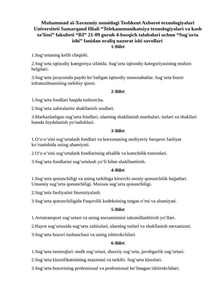 Sug'urta Ishi Oraliq | PDF