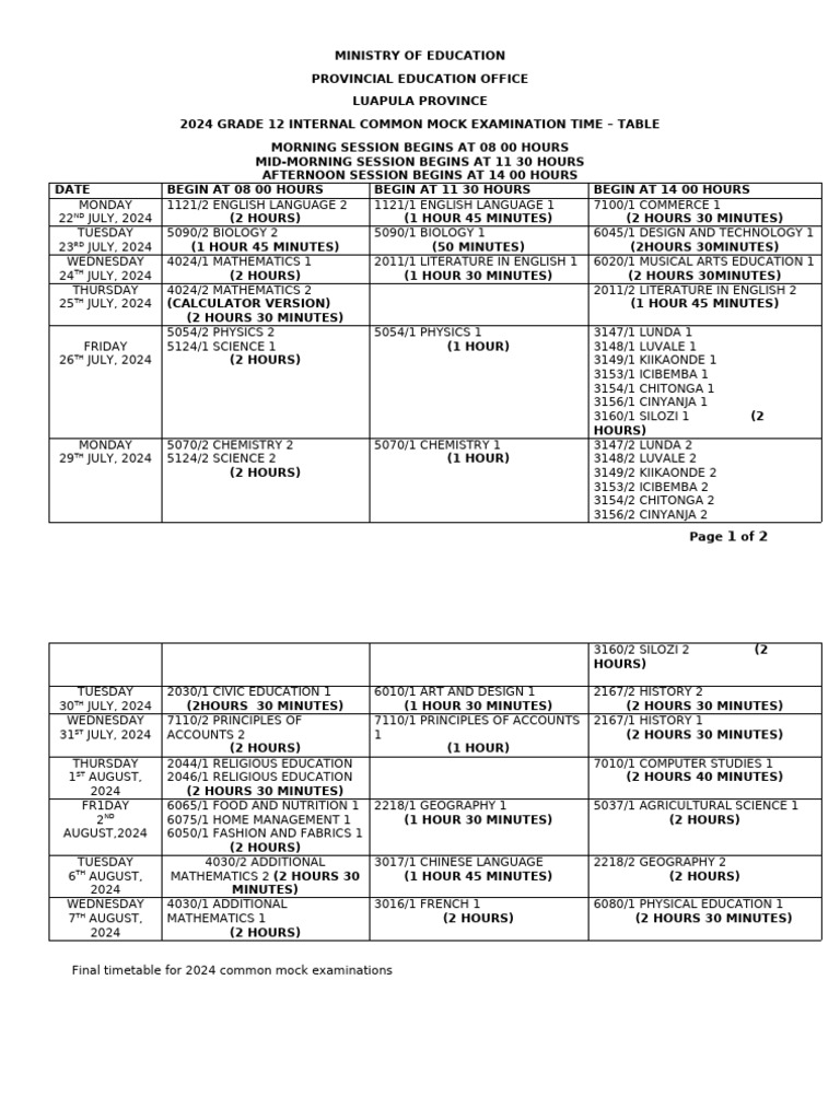 2024 Grade 12 Internal Mock Examination Time Table | PDF | Science