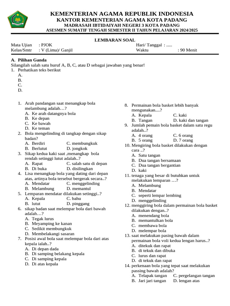 Soal ASTS PJOK Kelas 5 Semester 1 2024 | PDF