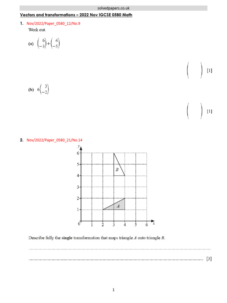 2022n Vectors And Transformations Igcse 0580 Math Pdf