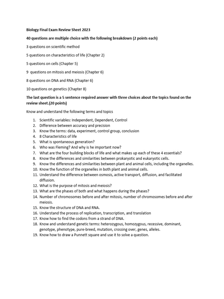 Biology Final Exam Review 2023 | PDF