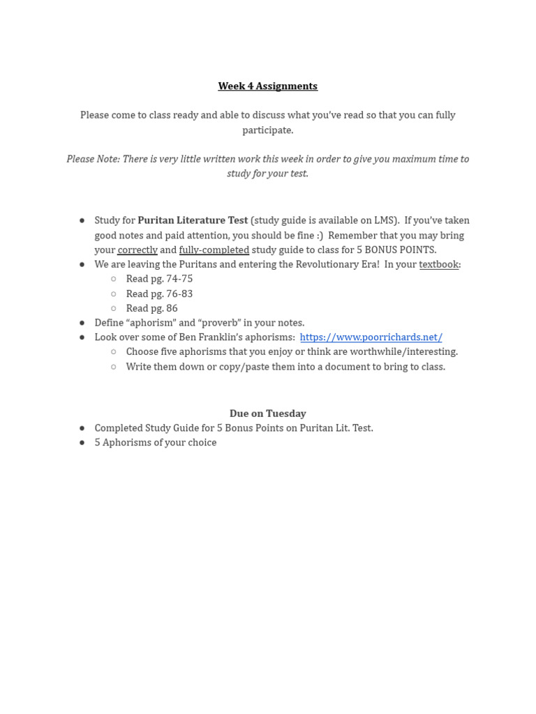 Week 4 Study Guide & Assignments | PDF