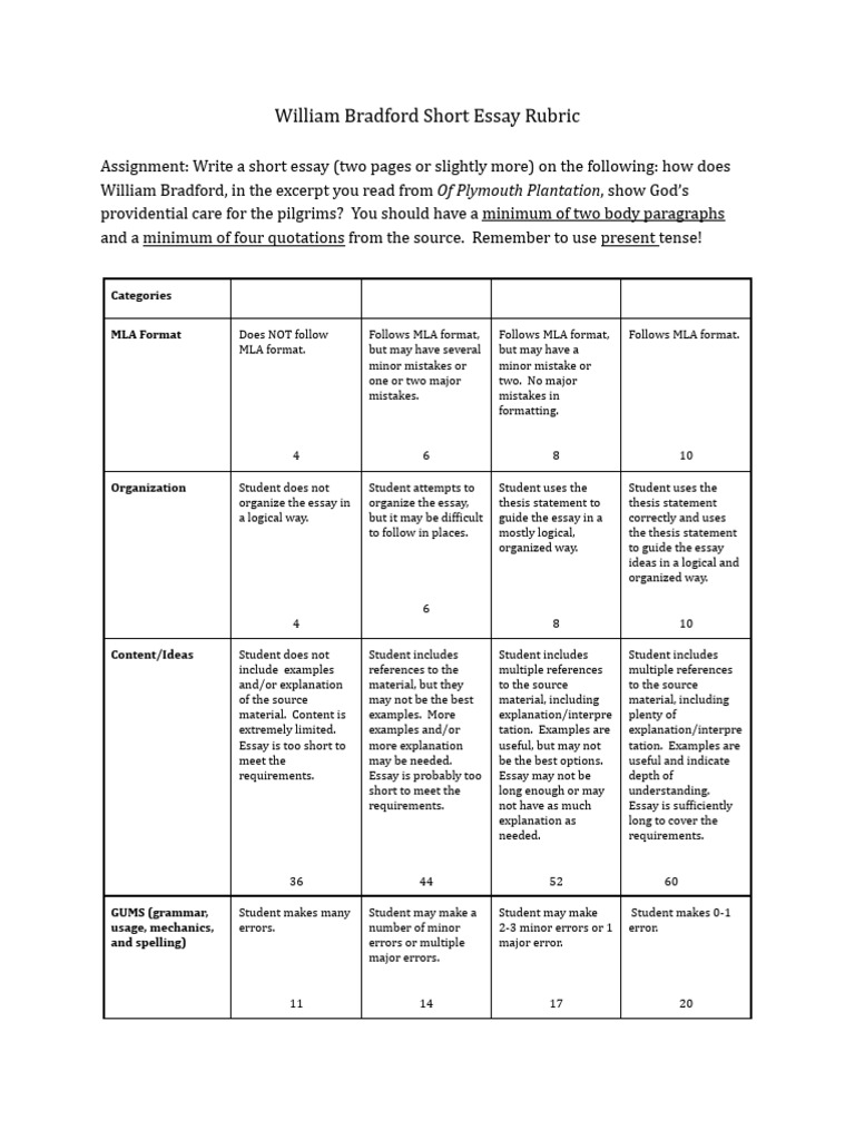 William Bradford Short Essay Rubric | PDF | Essays
