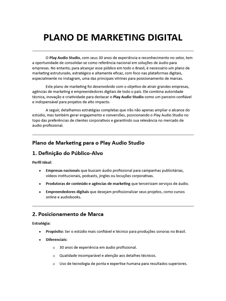 Plano de Marketing Digital Play Audio Studio 2 | PDF | Marketing | Marketing digital