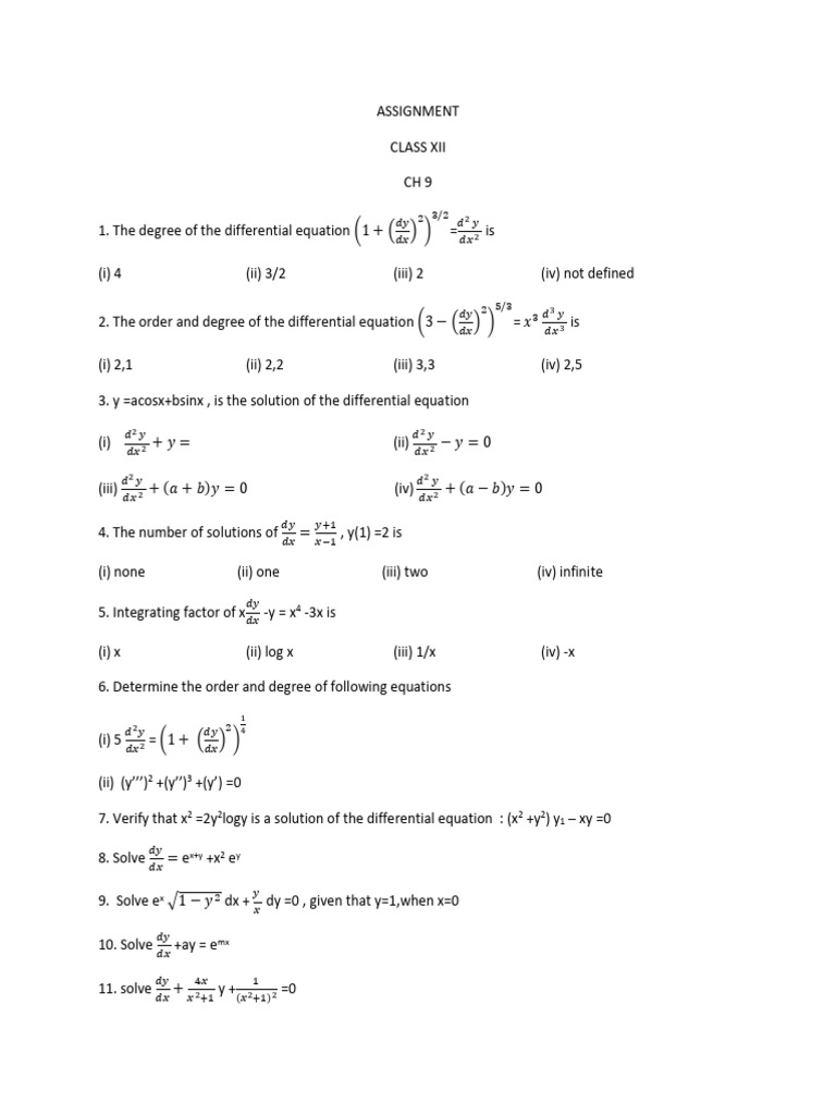 Assignment CH 9 Class Xii | PDF | Mathematical Physics | Algebra
